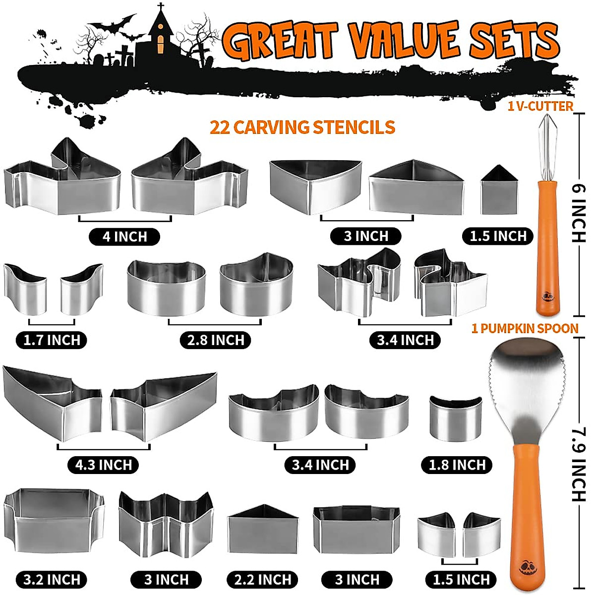 Pumpkin Carving Kit 24 PCS Pumpkin Carving Tools with Stencils Professional Pumpkin Cutting Kit with Puncher and Spoon for Kids Adults Stainless Steel DIY Pumpkin Carving Set for Halloween Decoration