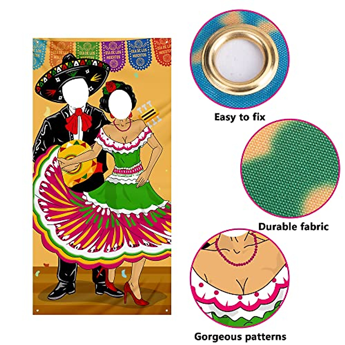 Fiesta Couple Photo Door Banner Set - 6 x 3.3ft Cinco de Mayo Fiesta Couple Photo Door Banner and 22ft Fiesta Bavarian Flag Pennant Banner for Mexican Theme Fiesta, Party or Festivals Decoration (Fiesta Couple)