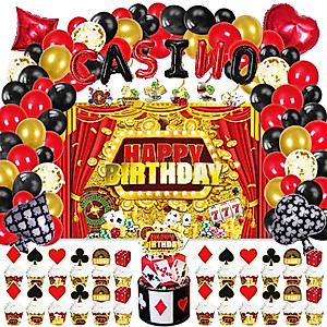 LXlucktim Casino Theme Birthday Party Decorations, 144 Pcs Las Vegas Party Decor Supplies - Backdrop, Cake, and Cupcake Toppers, Balloons, Hanging Swirls, Cupcakes Wrappers