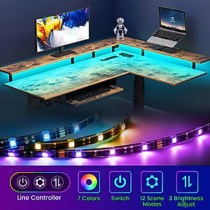 Rolanstar L Shaped Standing Desk with LED Light and Power Outlet, Dual Motor Height Adjustable Electric Standing Desk with Monitor Stand & Keyboard Tray, 61.2" Sit Stand Desk Rustic Brown