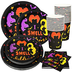 Whaline 100Pcs Halloween Tableware Set Hocus Pocus Disposable Dinnerware Set 50Pcs Paper Plates 25Pcs Napkin 25Pcs Cups for Halloween Party Witch Theme Party Supplies Table Decorations