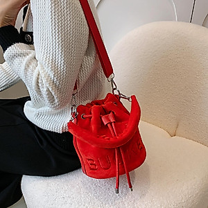 Velvet Bucket Cross body Bags for Women Drawstring Designer Shoulder Handbags Purses (Pink)