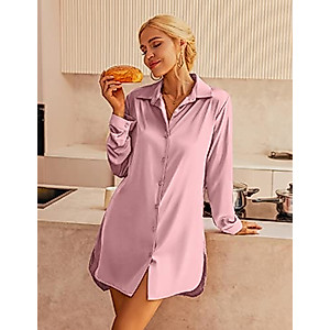 Ekouaer Nightwear for Women Sexy Satin Sleepshirt Long Sleeve Classic Sleepdress Dark Pink XLarge