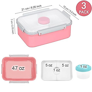 shopwithgreen Set of 3 Salad Food Storage Container To Go, 47-oz Bento Box with Removable Tray & Dressing Pots, for Lunch, Snacks, School & Travel - Food Prep Storage Containers with Lids(Pink)