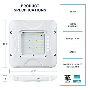 Parmida LED Canopy Light, 150W, Dimmable, 100-277VAC, IP65 Waterproof, ETL-Listed, Shop Light, 5700K, 16.5” x 16.5”, Gas Station, Warehouse, Garage, Street, Area & Outdoor Lighting, Commercial Grade