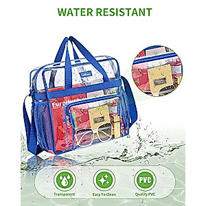 Clear Tote Bag Stadium Approved 12×12×6, Clear Lunch Bag with Front Pockets, Clear Tote Bag for Festival, Concerts, Sports Events-Blue
