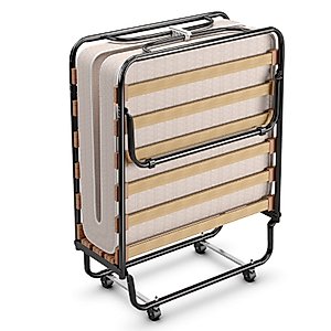RELAX4LIFE Folding Bed with Mattress, Rollaway Guest Bed w/Metal Frame, Memory Foam Mattress, Portable Fold Up Bed for Small Space Apartment Home, 75’’ x 32’’ Cot Size, Foldable Bed for Adults (Beige)
