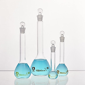 OLYCRAFT 4pcs Volumetric Flask 10ml/25ml/50ml/100ml Volumetric Flask Set with Glass Cap Durability & Chemical Resistance Glass Bottle for Laboratory Project