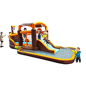 Inflatable Water Slide, Inflatable Playground Backyard Water Park with Climbing Wall, Playground Sets for Kids Backyard, Cruise Ship Design Splash Pool & Basketball & Blower