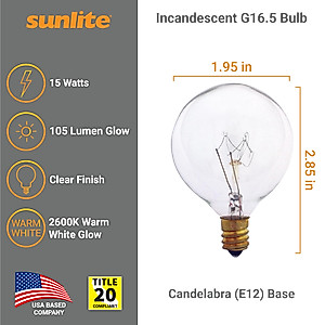 Sunlite G16.5 Incandescent Clear Globe Light Bulb, 15 Watts, 105 Lumens, 120 Volts, Candelabra E12 Screw Base, Title-20 Compliant, 2600K Warm White, 12 Pack
