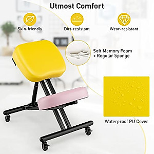 Giantex Height Adjustable Kneeling Chair - Seat Height from 20.5” to 26.5”, Adjustable Stool with Smooth Wheels, Foam Padded Cushions, Ergonomic Kneeling Chair for Office, Home, Yellow/Pink