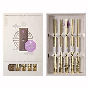 BALWOO Korean Flat Chopsticks [5 Sets][Made in Korea] 304 Premium Stainless Steel Chopsticks, Korean Style Reusable Chopsticks Flatware Cutlery Silverware Metal Chopsticks (Sunflower, TITANIUM)