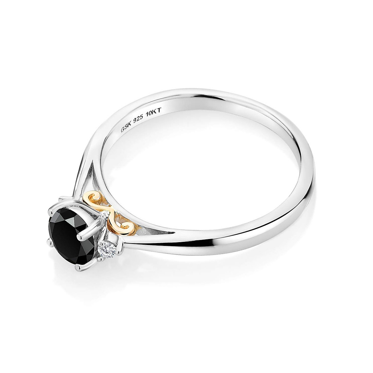 Gem Stone King 925 Sterling Silver and 10K Yellow Gold Black Onyx and White Lab Grown Diamond Engagement Ring For Women (0.51 Cttw, Gemstone December Birthstone, Available in size 5, 6, 7, 8, 9)