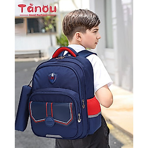 Tanou Kids Backpacks for Boys, 16'' Elementary School Backpack, Breathable Bookbags with Pecnil Case for Boy 5-12 Years, Blue Red