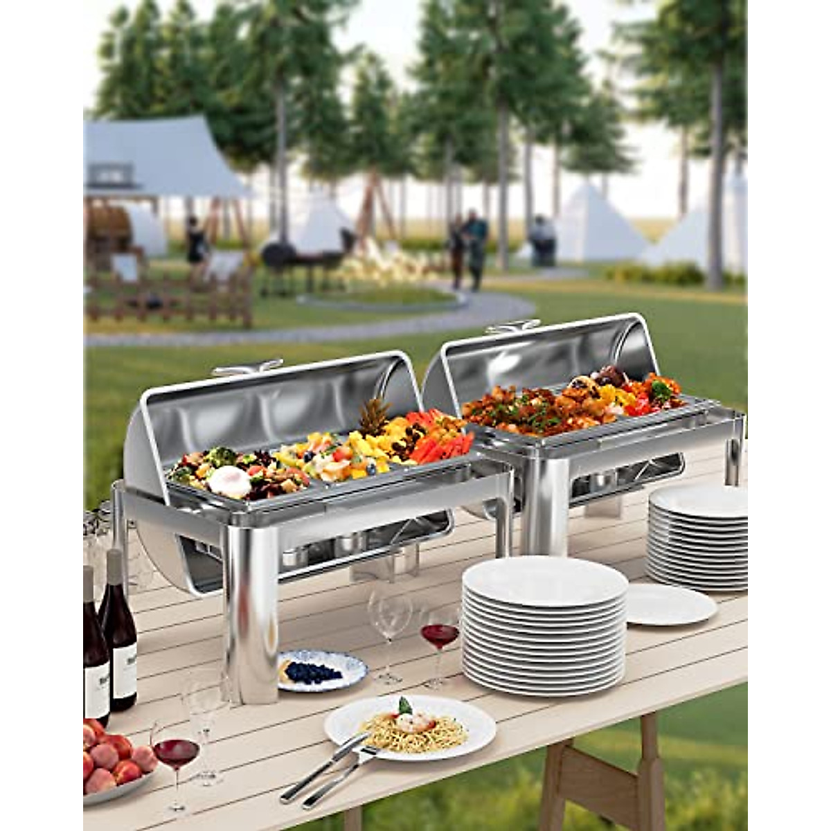 Halamine Roll Top Chafing Dish Buffet Set, 9 Qt Stainless Steel Catering Chafer Server with 3 1/3 Size Pans Rectangle Catering Warmer Server for Wedding, Parties, Banquet, Catering Events, Graduation