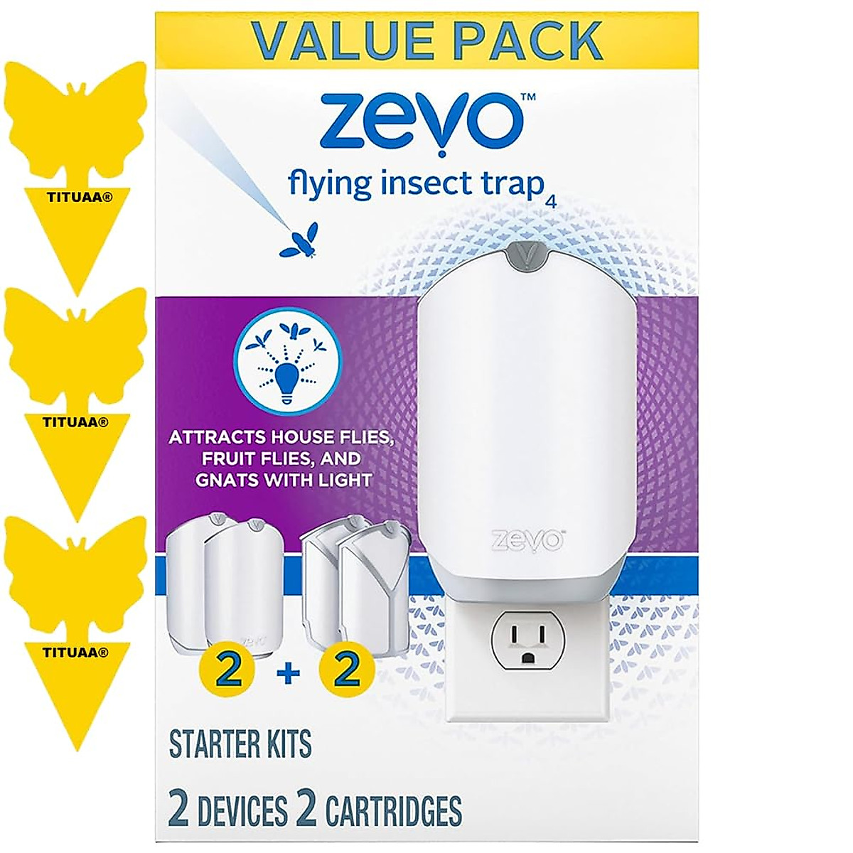 2-Packs Zevo Home Indoor Plug-in Fly Trap for Flies, Fruit Flies, Moths, Gnats, and Other Flying Insects – 2 Plug-in Bases + 2 Refill Cartridges and 3 Fruit Flys Traps in The tituaa Box