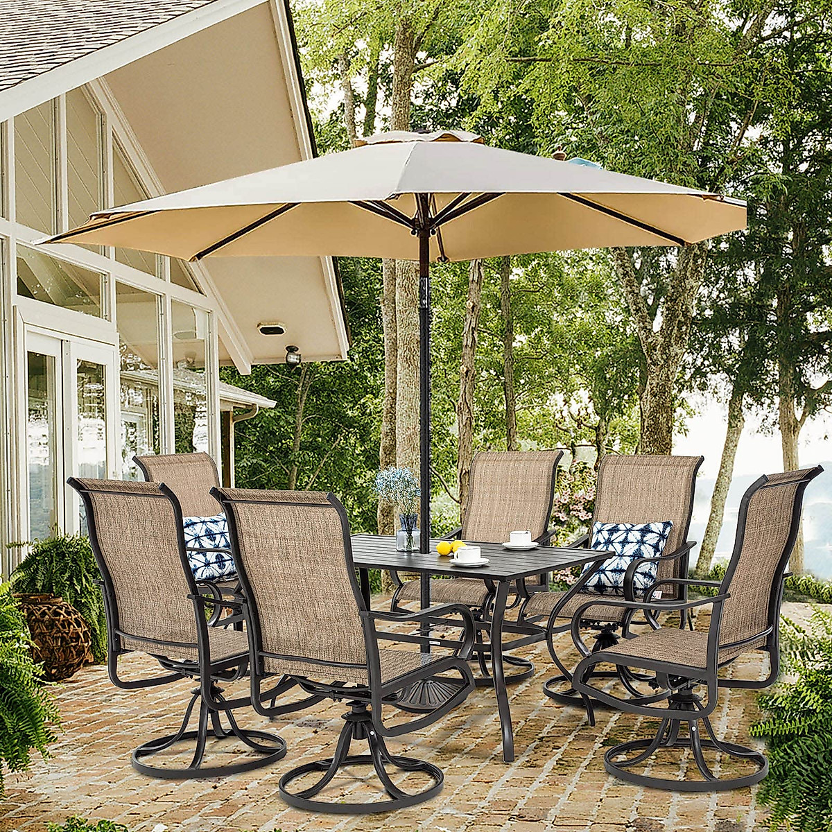 Poteban 7Pcs Patio Dining Set, 6 Swivel Dining Chairs & Outdoor Rectangle Metal Table, Patio Dining Furniture for Lawn Garden
