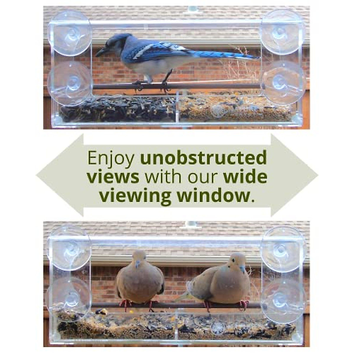 Nature's Envoy Window Bird Feeder – Clear View for Birdwatching - Strong Suction Cups for Outside - Slide Out Seed Tray w/Drain Holes for Easy Refill & Clean - Acrylic Outdoor Feeder for Wild Birds