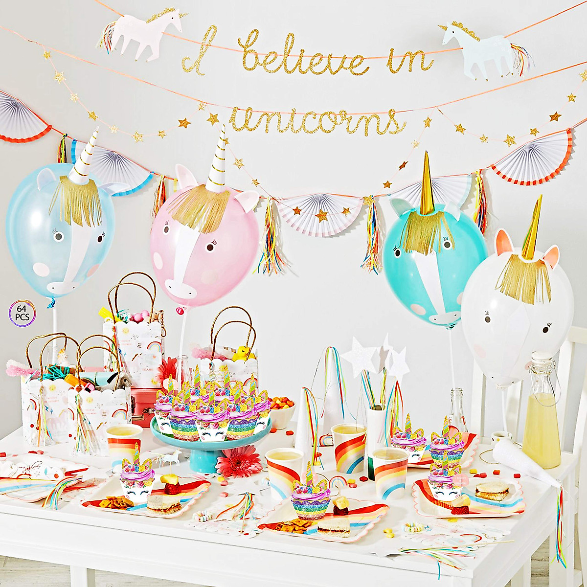 64pcs Unicorn Cupcake Toppers and Wrappers Double Sided for Kids Birthday Baby Shower Theme Party Decorations Supplies Set of 32