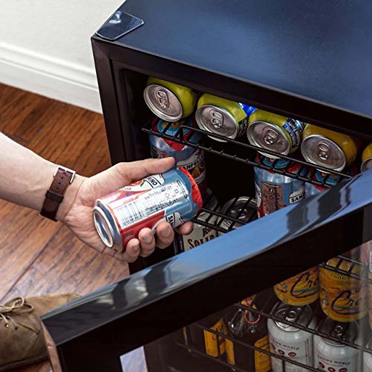 NewAir Beverage Refrigerator Cooler with 90 Can Capacity - Mini Bar Beer Fridge with Right Hinge Glass Door - Cools to 34F - AB-850B - Black