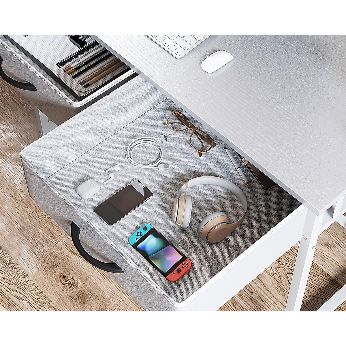 ODK 40 Inch Small Desk with Fabric Drawers- for Bedroom, White Vanity Desk with Storage, Home Office Computer Desk for Small Spaces, Modern Work Writing Study Table, White