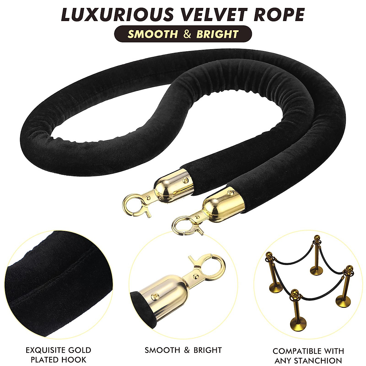 6 Pack Velvet Stanchion Rope, 5 Feet Crowd Control Stanchion Ropes Safety Barrier with Gold Plated Hook for Carpet Events Movie Theaters Grand Openings Hotels Party (Black,6 Pcs)