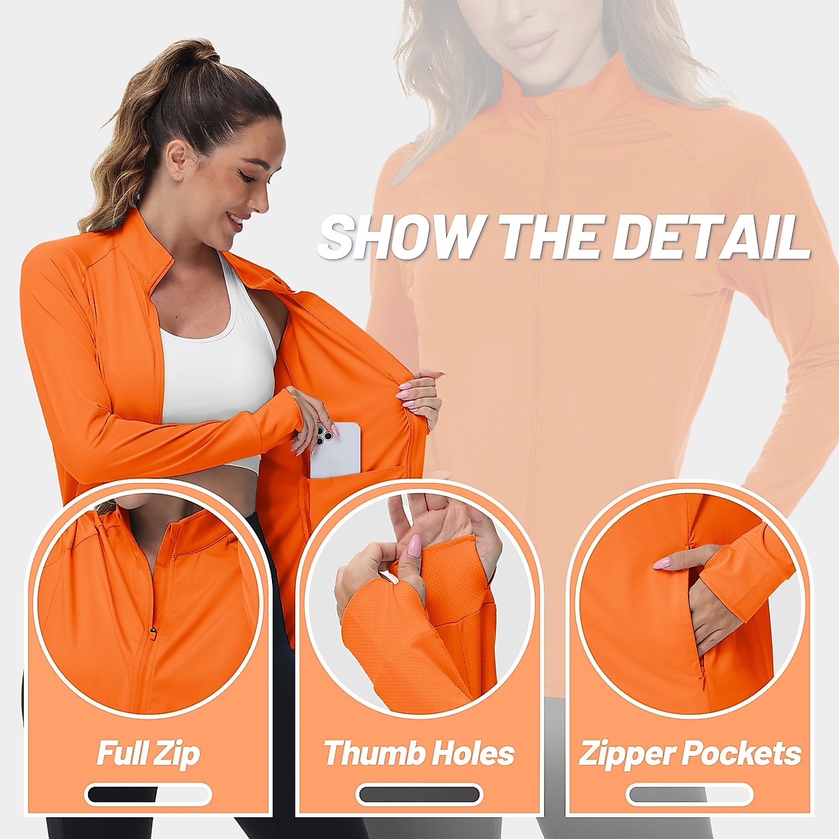 TACVASEN Women's Athletic Jacket Sun Protection Shirt Orange Tops for Women Workout Jackets UPF 50+ Summer Rash Guard
