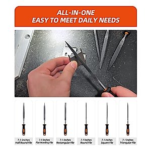 DIFFLIFE 7'' Needle File Set (Carbon Steel 6 Piece-Set) File Handles, Hardened Alloy Strength Steel - Set Includes Flat, Flat Warding, Square, Triangular, Round, and Half-Round File (6-Piece)