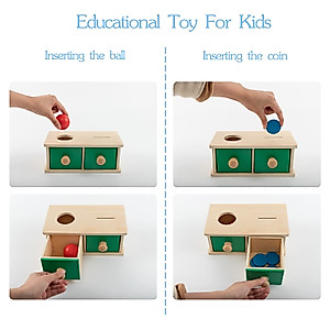 2 in 1 Mon-tessori Wooden Coins Balls Matching Box with 2 Drawers- Wood Coin Box with 5 Coins Object Permanence Box with 1 Wood Ball Preschool Learning Toys for Baby Toddler Infant Educational Gifts