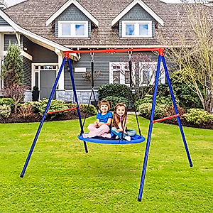 INFANS 660lbs 40 Inch Saucer Tree Swing with Pillow Handle Adjustable Hanging Rope, Round Flying Swing Seat for Kids, Outdoor Round Platform Swing for Backyard Playground Blue