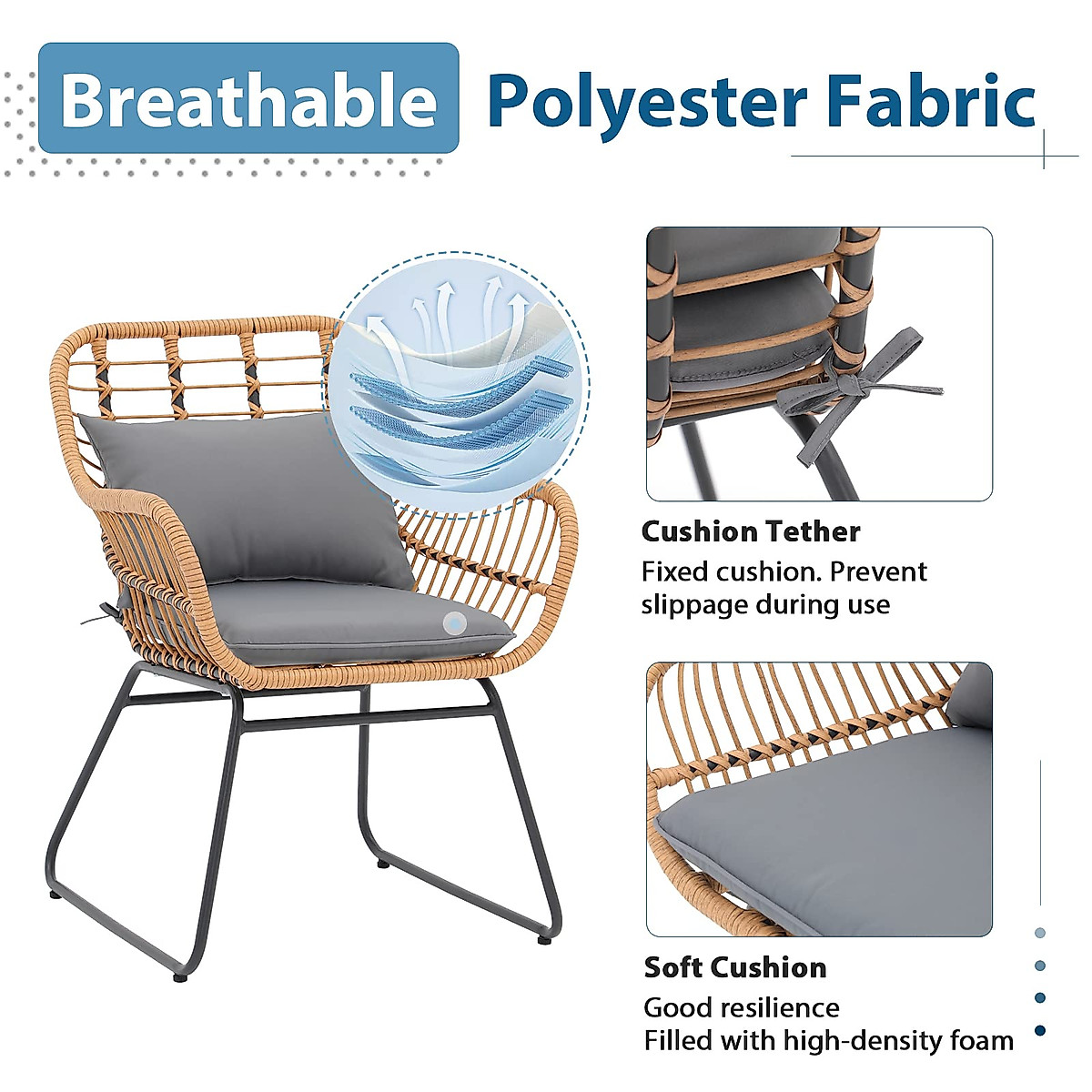 JOIVI Patio Chairs Set of 2, Outdoor Wicker Chairs with Heavy-Duty Iron Frame, All-Weather Easy-to-Clean PE Wicker, Patio Rattan Dining Chairs for Outside Lawn, Garden, Poolside, Backyard, Porch, Gray