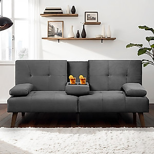 JAMFLY Futon Couch Sofa Bed Convertible, Small Sleeper Sofa Chair Loveseat with Cup Holder for Small Spaces, Living Room, Bedroom, Gameroom, Apartment, Dorm (Dark Gray)
