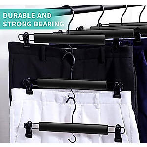 Perfecasa Premium Wooden Pants Hangers 10 Pack, Skirt Hangers with Noise Canceling Hook, Two Sure Grip Clips (Black Color)