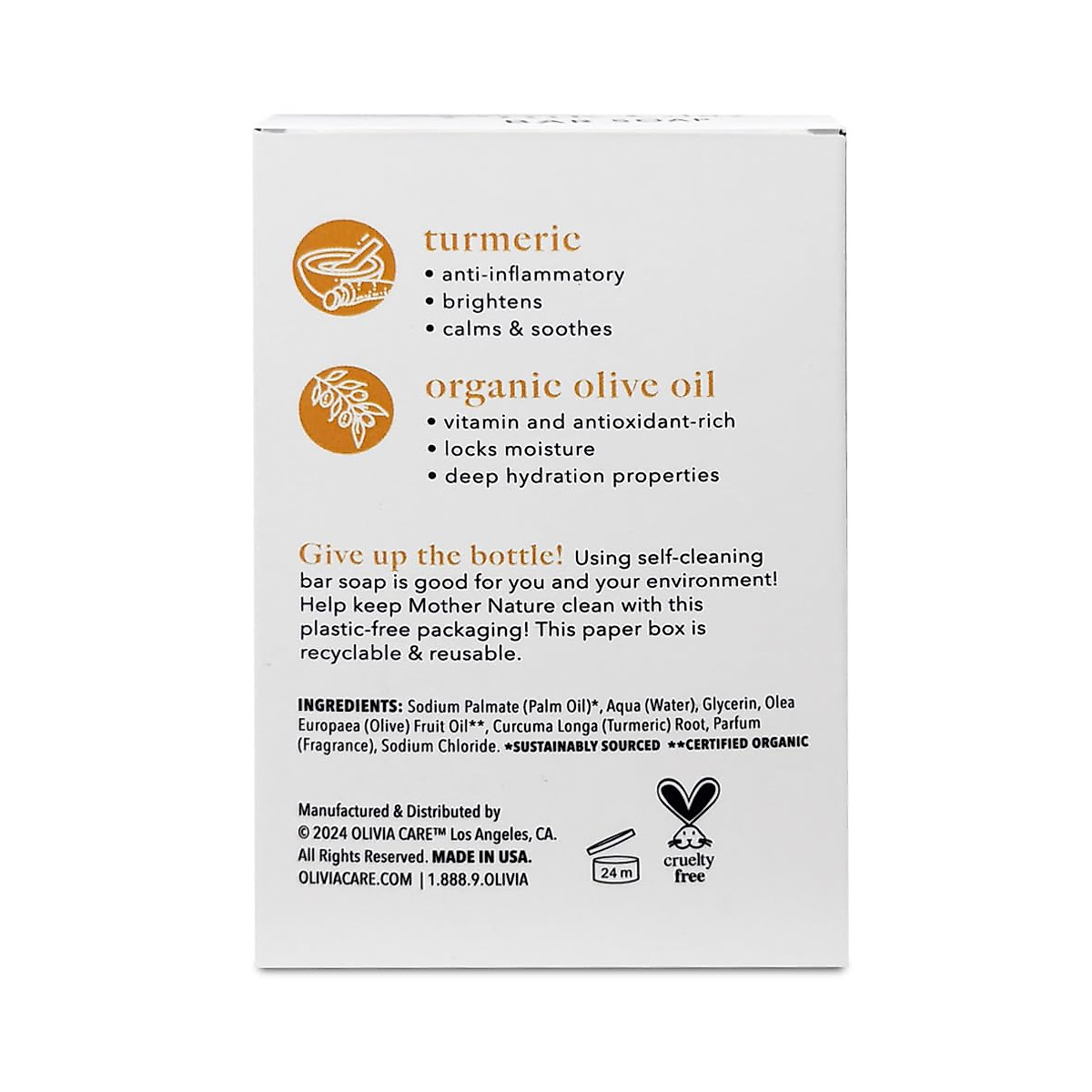 Olivia Care Turmeric Bar Soap -Natural, Vegan & Organic - For Face & Body Exfoliate, Hydrate, Moisturize & Deep Clean - Triple-Milled - Infused with Antioxidants - 8 OZ