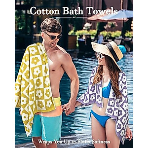 Jacquotha Bath Towels Checkered Floral 55” x 28” - Decorative Bathroom Towels for Indoor Outdoor Gift, 440 GSM Soft Quick Dry Towel for Bathroom Gym Spa Swim (Yellow & Lilac)