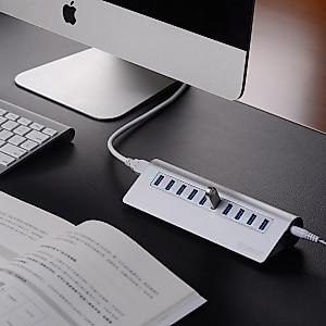 USB Hub, ORICO Super Speed USB 3.0 Triangle Aluminum Alloy Hub Splitter with DC12V Power Adaptor, 10-Port Data Hub with 3.3 Ft Extened Cable for MacBook, Mac Pro, iMac, Notebook, PC - Silver