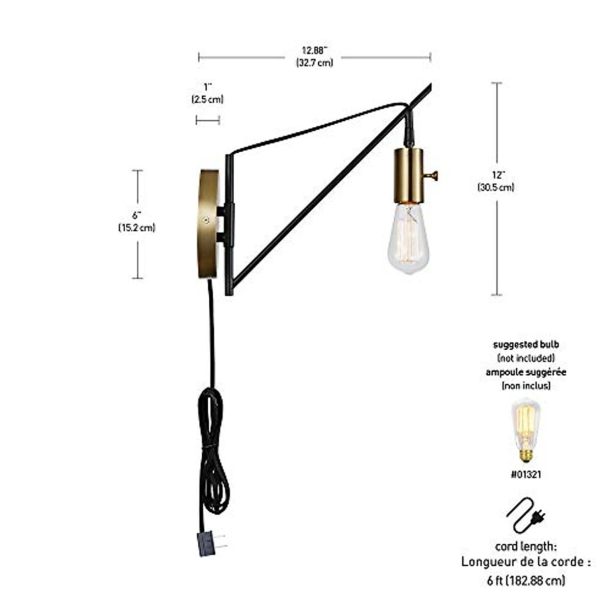 Globe Electric 51343 1-Light Plug-in or Hardwire Wall Sconce, Bronze Finish, Brass Accents, 6ft Black Woven Fabric Cord, Flat Plug, Socket Rotary On/Off Switch