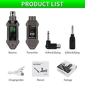 XTUGA C-977 UHF Wireless XLR Transmitter and Receiver& Wireless Guitar Transmitter Receiver,Rechargeable Mic Adapter 16 Channels 164ft Range for Dynamic Microphone,Audio Mixer,Electric Guitar Bass