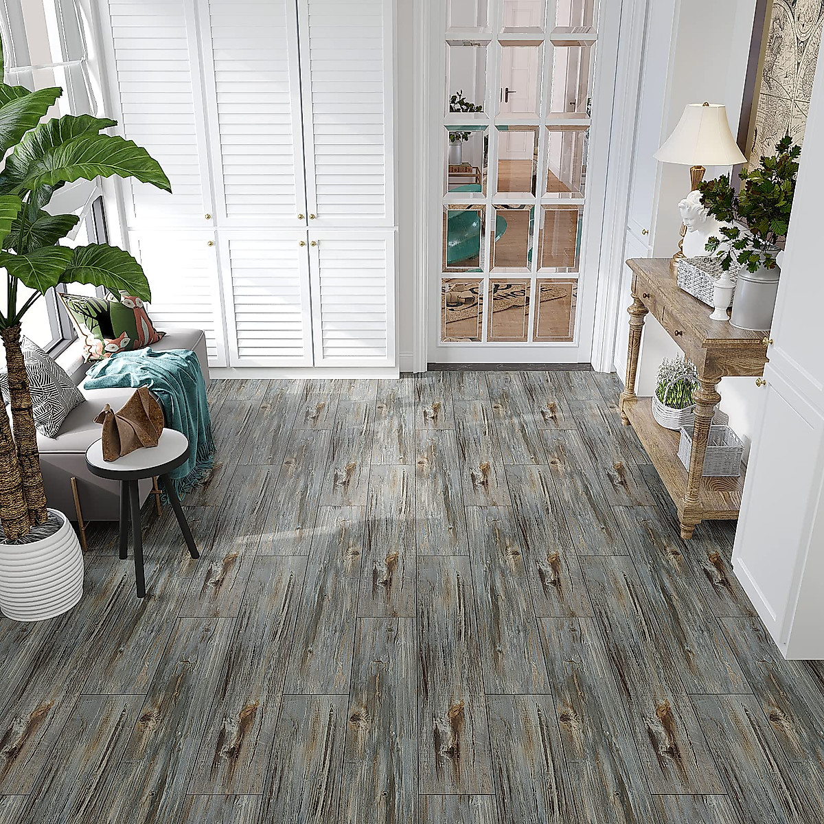 VEELIKE Reclaimed Blue Wood Vinyl Flooring Peel and Stick Floor Tile Wood Look Vinyl Plank Flooring 6''x36'' Floor Peel and Stick Tiles Waterproof Laminate Flooring for Bathroom Kitchen RV 4-Pack