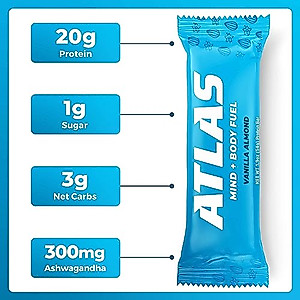 Atlas Protein Bar, 20g Protein, 1g Sugar, Clean Ingredients, Gluten Free (Whey Variety, 12 Count (Pack of 1))