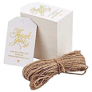 GLOBLELAND 200 Pcs Thank You Gift Tags Gold Foil Paper Gift Tags with 65.6ft Natural Jute Twine for Wedding Favors, Party Decor