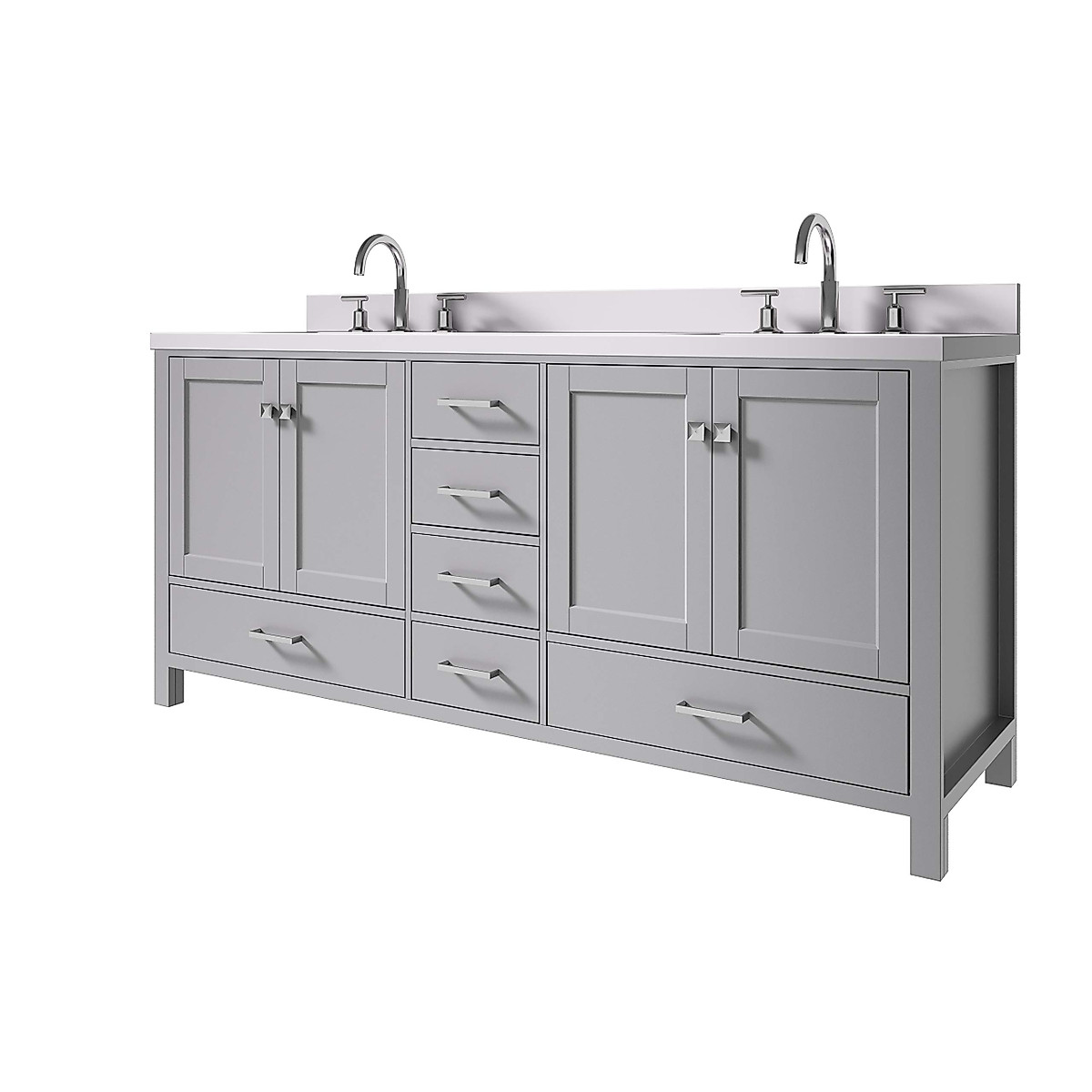 ARIEL Double Bathroom Vanity 73" Grey with 1.5" Edge Pure White Quartz Countertop & Splash, Rectangular Sinks, 4 Soft Closing Doors, 6 Full Extension Dovetail Drawers, Brushed Nickel