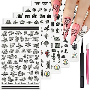 Black Nail Art Sticker Set 3D Self Adhesive Nail Stickers Flower Nail Stickers Vintage Flower Vine Leaf Nail Art Decals Stickers for Nail Design Nail Stickers for Girls DIY Nail Art for Nail Salons