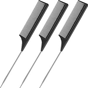 3 Packs Rat Tail Comb Steel Pin Rat Tail Carbon Fiber Heat Resistant Teasing Combs with Stainless Steel Pintail (Black)