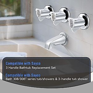 Dreyoo 3 Handle Bathtub Shower Tub Trim Set Compatible with Sayco Bathtub Faucets, 16 tooth Bathroom Shower Faucet Knobs Replacement, Hot, Cold and Diverted Sink Faucet Knobs Replacement Parts