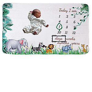 vmaisi Baby Milestone Blanket Gifts - Newborn Boy & Girl Monthly Year Infant Growth Blankets Nursery Swaddling Blankets (Green Animals, Double Printed)