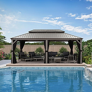 PURPLE LEAF 12' x 20' Permanent Hardtop Gazebo with Galvanized Steel Double Roof and Aluminum Frames Outdoor Large Pavilion Gazebo for Patio Deck Garden, Netting and Curtains Included, Light Grey