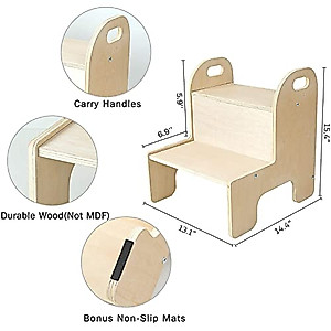 GEMEM Wooden Toddler Step Stool for Kids, Two Step Wooden Toddler Step Stool with Handles and Bonus Non-Slip Pads, Safety Children's Stool Use for Kitchen, Bathroom & Potty Training Dual Height