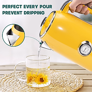 SUSTEAS Electric Kettle - 57oz Hot Tea Kettle Water Boiler with Thermometer, 1500W Fast Heating Stainless Steel Tea Pot, Cordless with LED Indicator, Auto Shut-Off & Boil Dry Protection, Retro Yellow