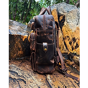 Buffalo Leather Backpack Multi Pockets Daypack Travel Laptop Bag for Men Women